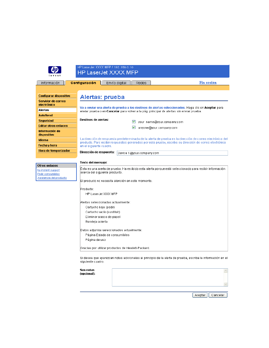 Uso de la pantalla Alertas con un producto - HP LaserJet 4345 ...