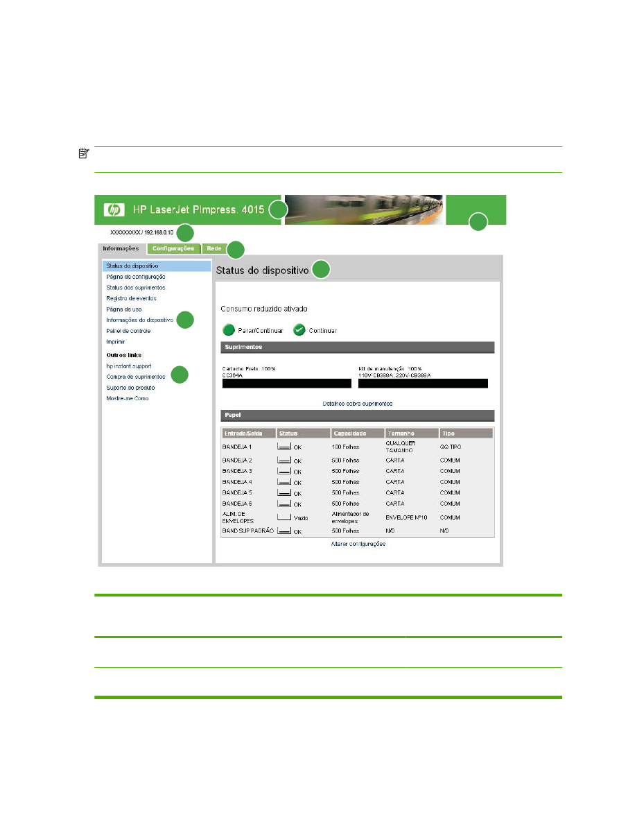 Navegação no HP Embedded Web Server - HP LaserJet P4510 Printer series